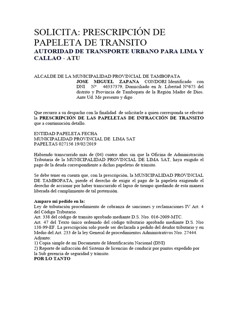 Prescripcion de Papeleta | PDF | Derecho