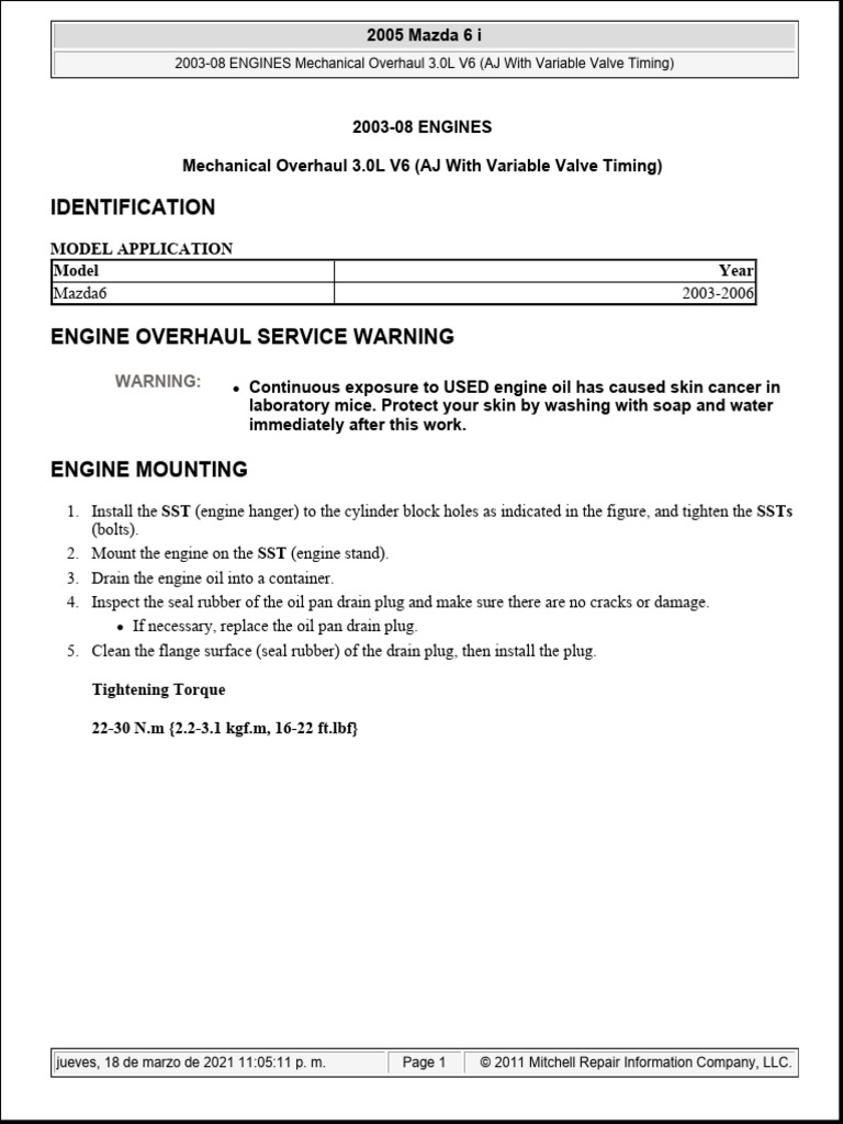 Mazda 3.0L V6 Engine Overhaul Guide | PDF