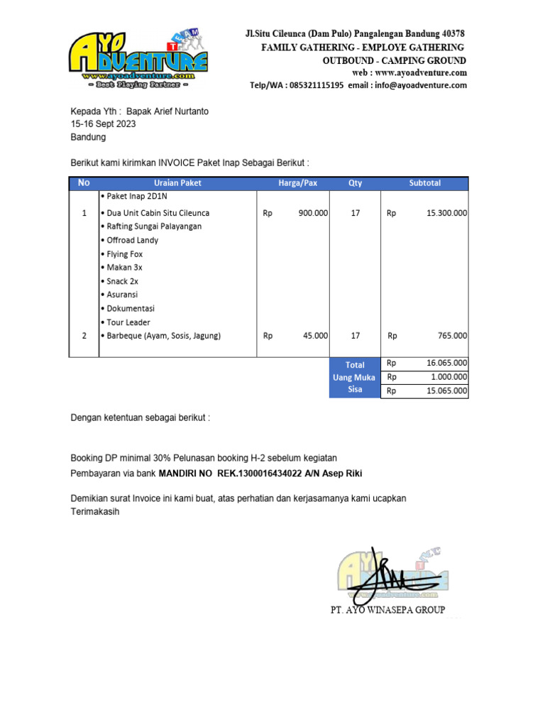 Invoice Paket Inap Outbound 2D1N | PDF