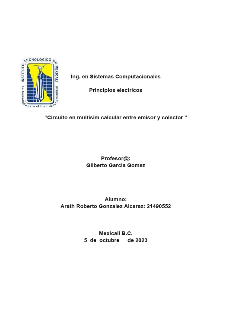 Tarea 3 Circuito en Multisim Calcular Entre Emisor y Colector Arath Roberto Gonzalez Alcaraz | PDF