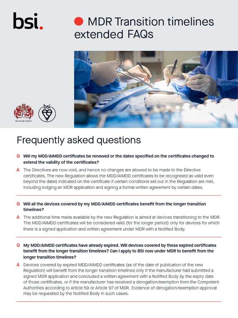 BSI Medical Devices - MDR Transition Timelines FAQs | PDF