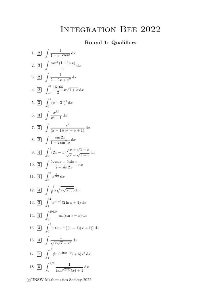 Integration Bee 2022 Problems and Solutions | PDF | Mathematics