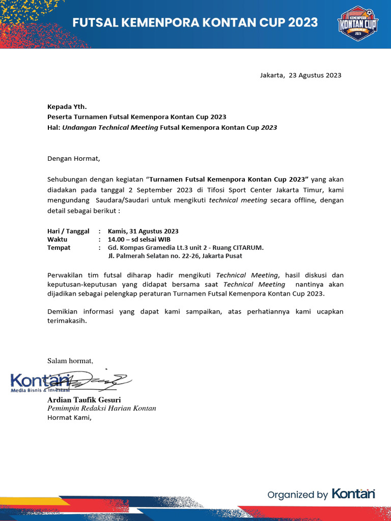 Undangan Technical Meeting Futsal Kemenpora Kontan Cup 2023 | PDF