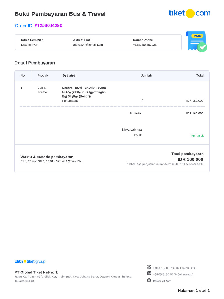 Baraya Travel Shuttle Receipt | PDF