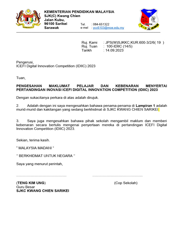 Letter Head SJKKC 2023 (Selaras PPD) | PDF