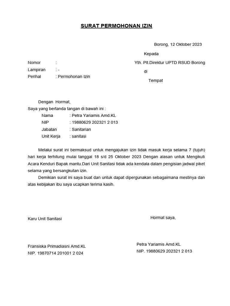Surat Permohona Izin Pegawai Ibu KASIE | PDF Surat Permohona Izin Pegawai Ibu KASIE | PDF