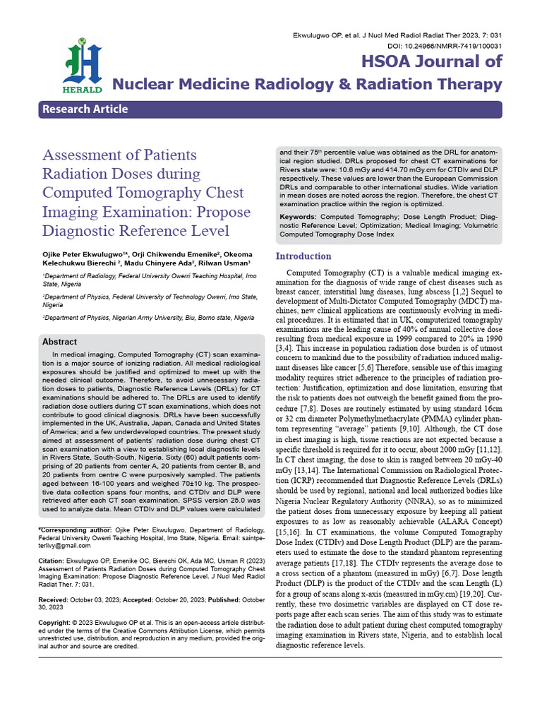 Assessment of Patients Radiation Doses During Computed Tomography Chest ...
