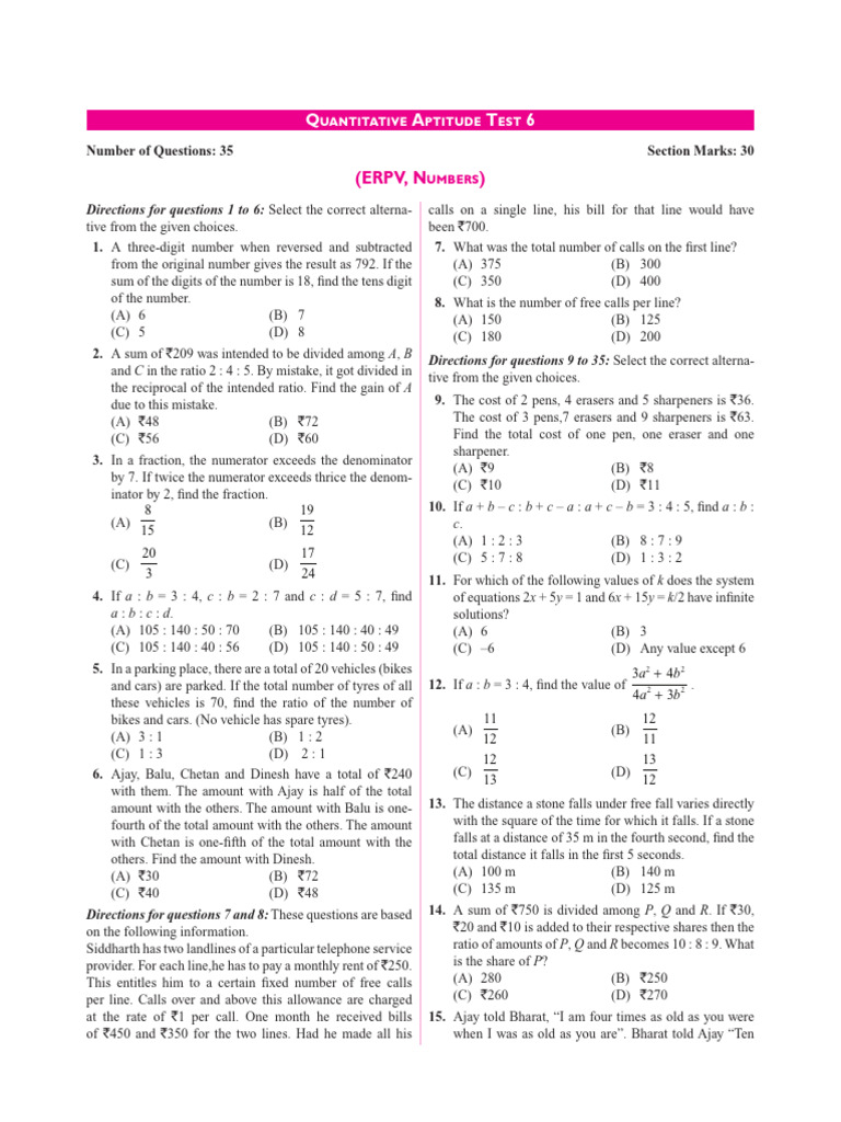 Quantitative Aptitude Test 6: (ERPV, Numbers) | PDF | Elementary ...