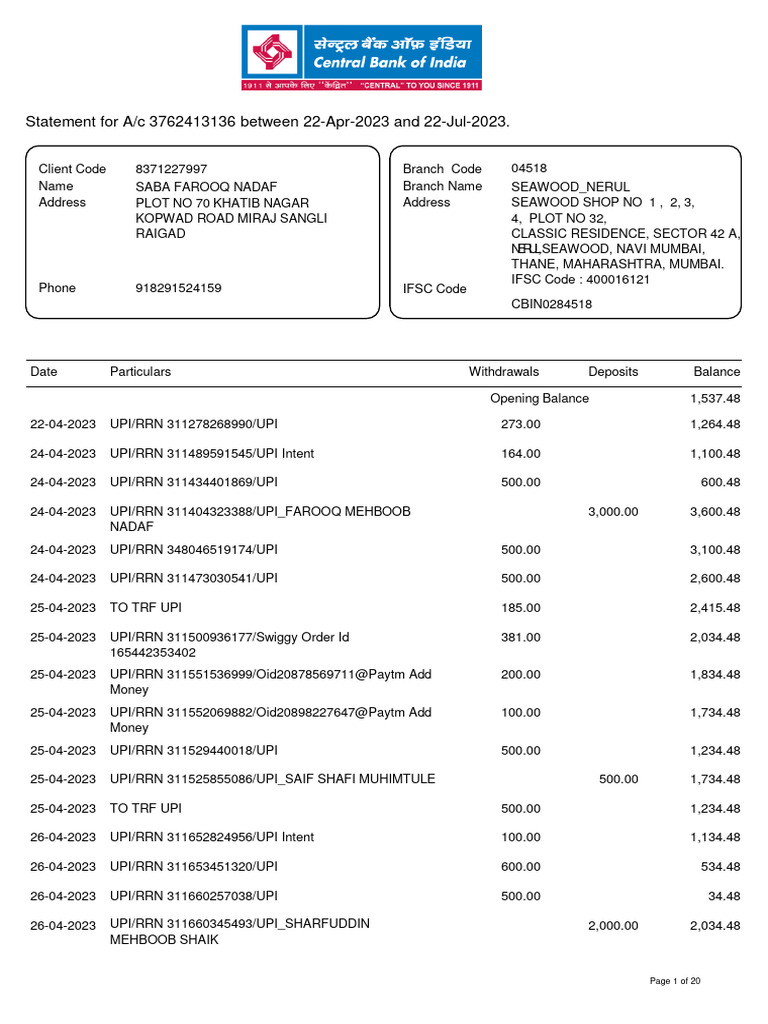 Central Bank Statement From 22-Apr-2023 To 22-Jul-2023. | Download Free PDF | Service Industries ...