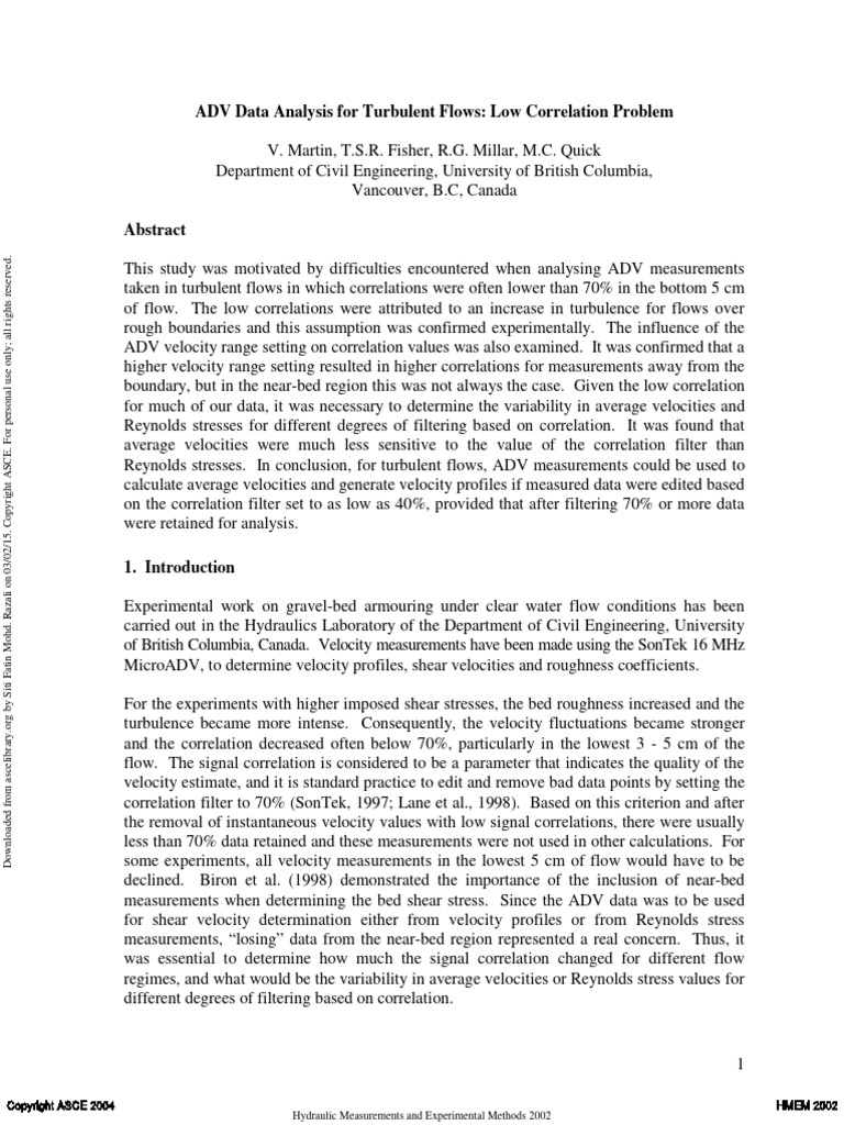 ADV Data Analysis For Turbulent Flows Low Correlation Problem | PDF | Turbulence | Shear Stress