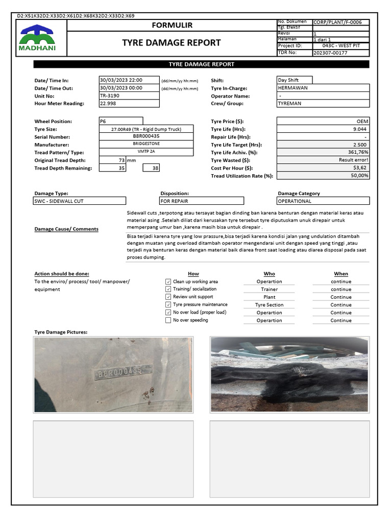 Tyre Damage Report: Formulir | PDF