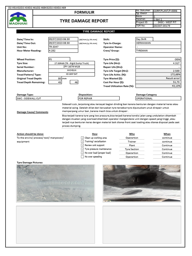 Tyre Damage Report: Formulir | PDF