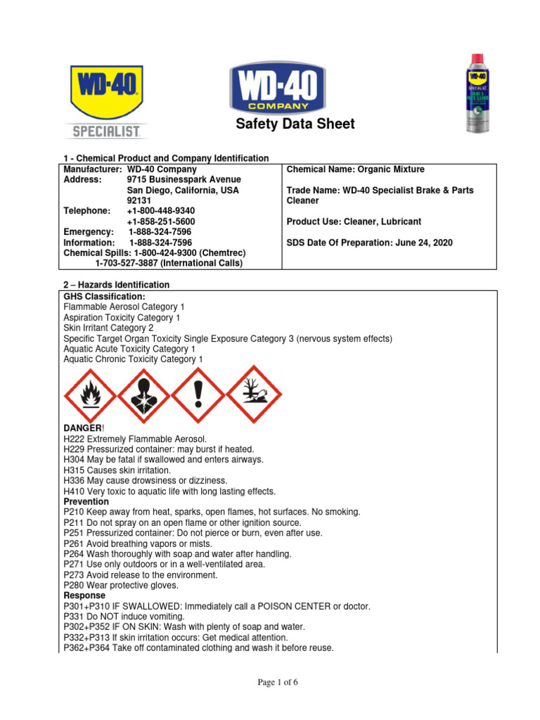 WD-40 Brake Cleaner Safety Data | PDF | Firefighting | Toxicity