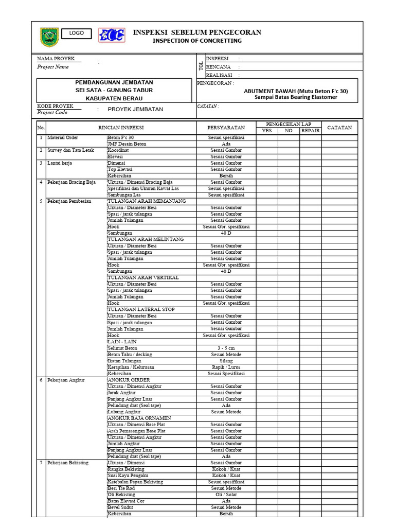Check List Cor Beton Abutment | PDF