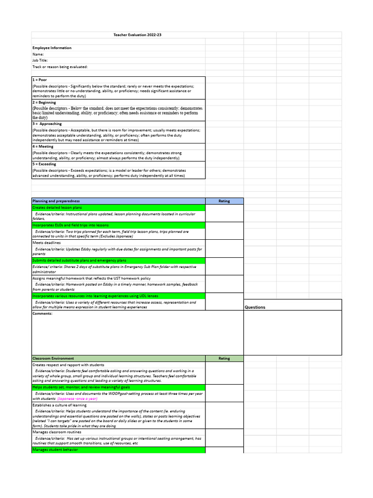 Evaluation Form 2023-24 - ES Teacher Rubric | PDF | Learning | Teachers