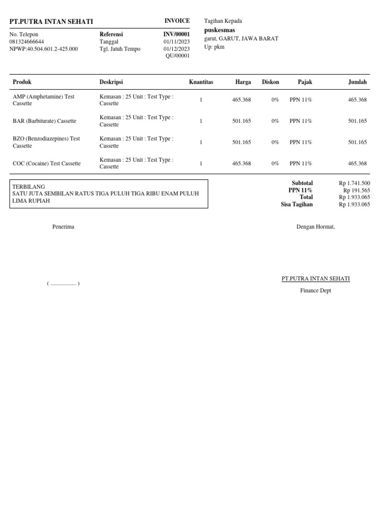 Invoice PT. Putra Intan Sehati | PDF
