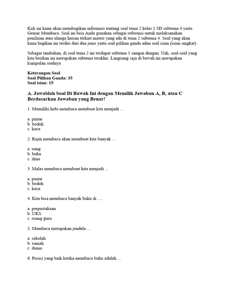 Soal Tema 2 Kelas 1: Gemar Membaca | PDF