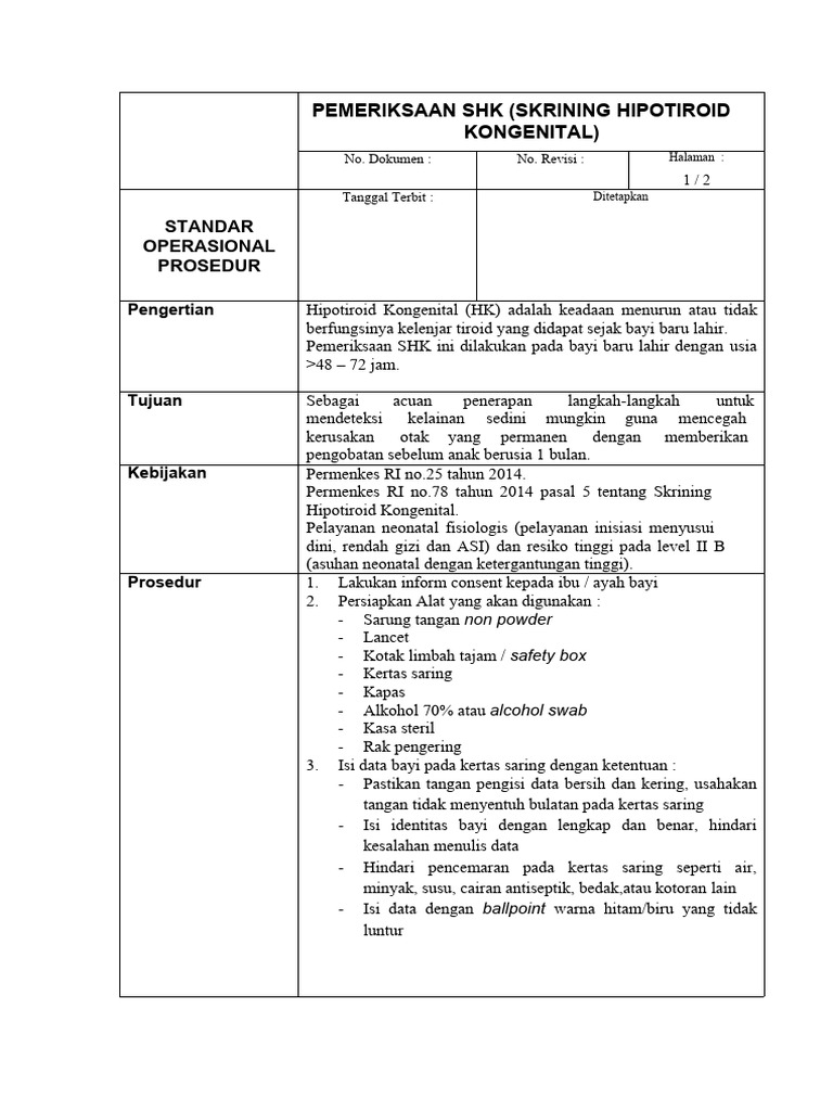 SOP Pemeriksaan SHK | PDF