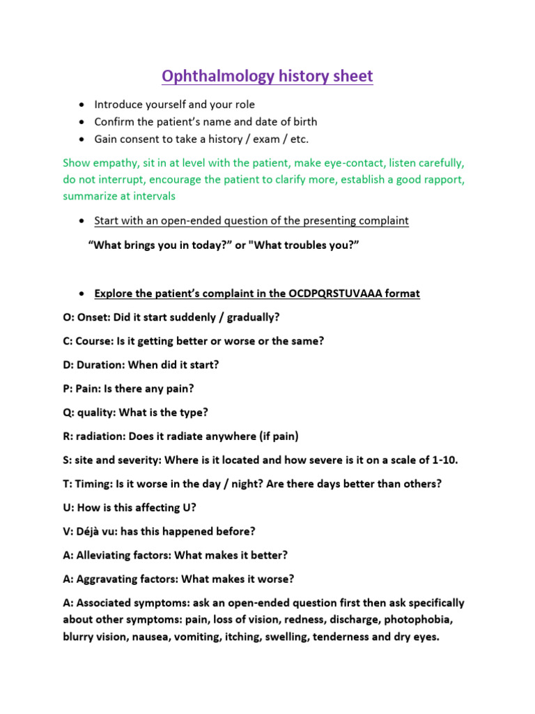 Ophthalmology History Sheet | PDF