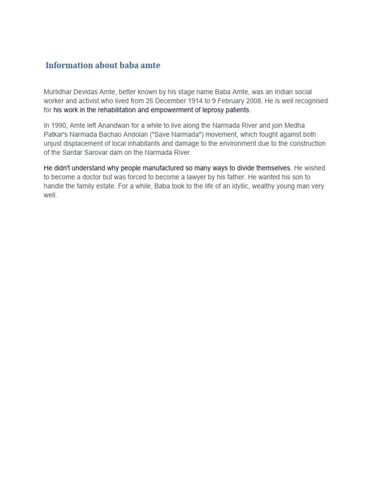 Information About Baba Amte | PDF