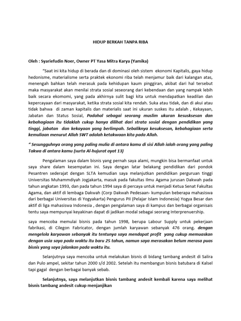 Tulisan HIdup Berkah Tanpa Riba (By Pak Syarief Noer) Rev | PDF