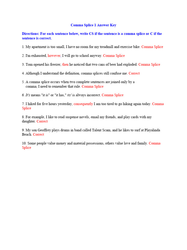 Comma Splice 1 Answer Key | PDF