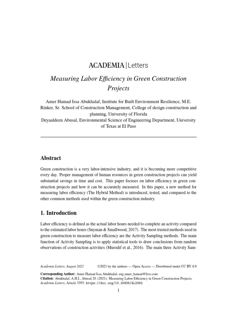 Measuring Labor Efficiency in Green Construction Projects | PDF | Green ...