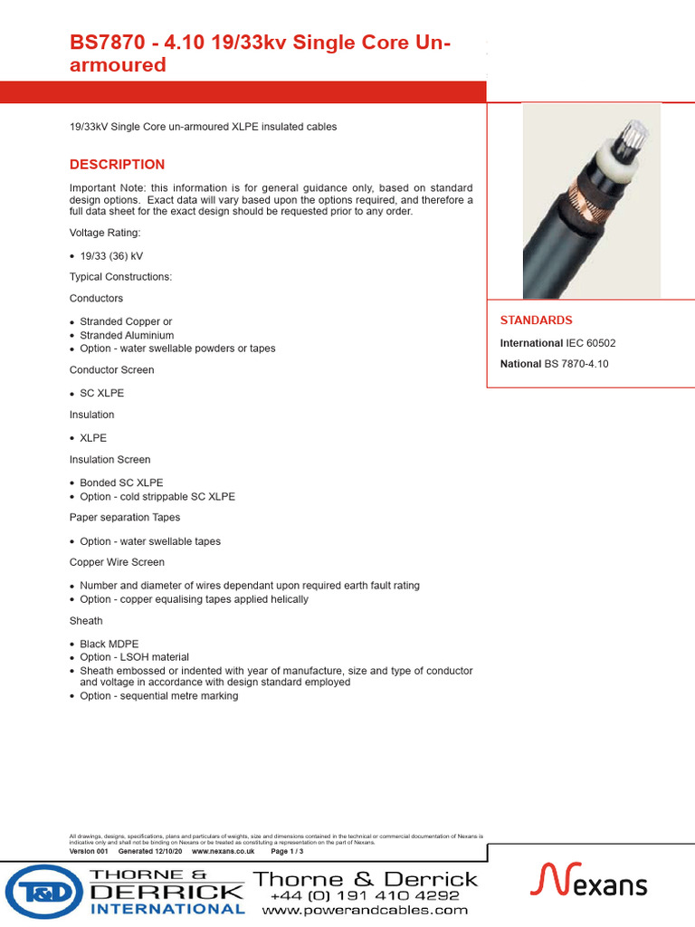 BS7870 4 10 19 33kv Single Core Un Armoured | PDF | Physical Sciences ...