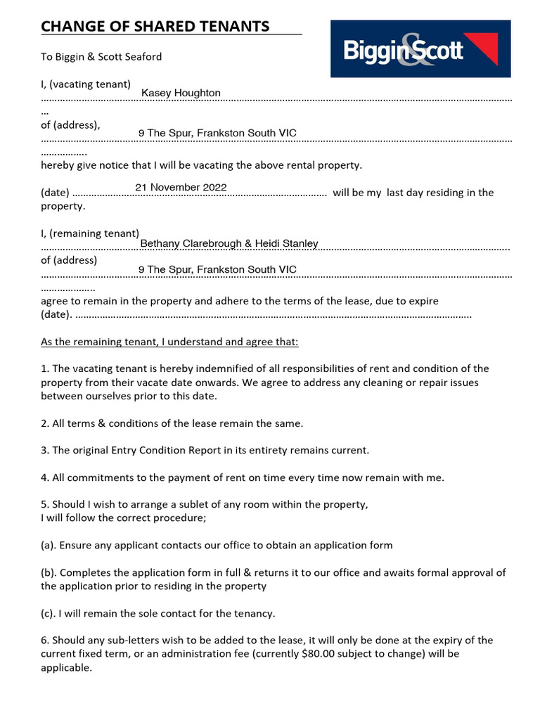 Tenant Change Notice Form | PDF | Lease | Property