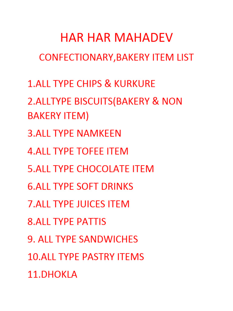 Confectionery & Bakery Item List | PDF