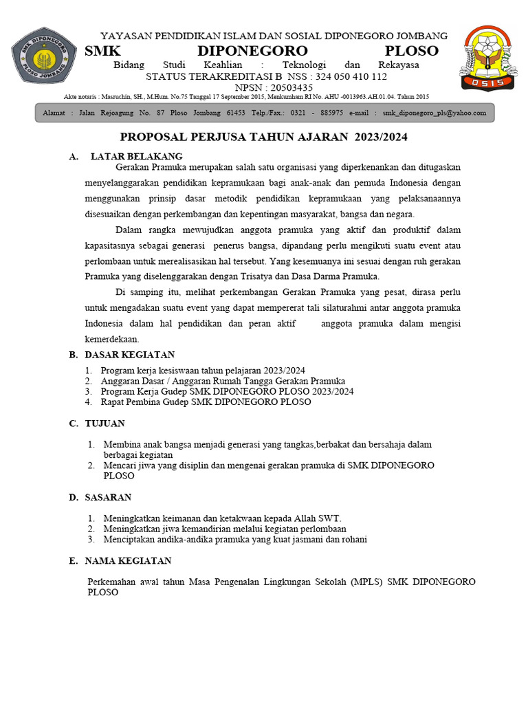 Proposal Perjusa Tahun Ajaran 2023-2024 | PDF