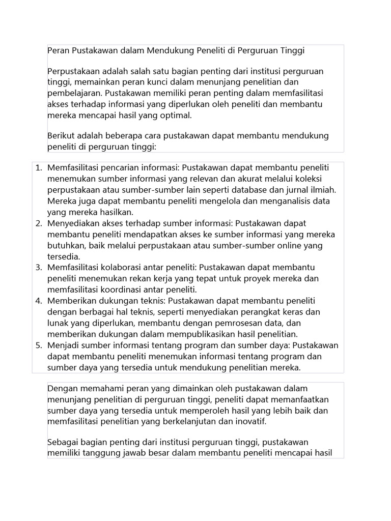 Peran Pustakawan Dalam Mendukung Peneliti Di Perguruan Tinggi | PDF