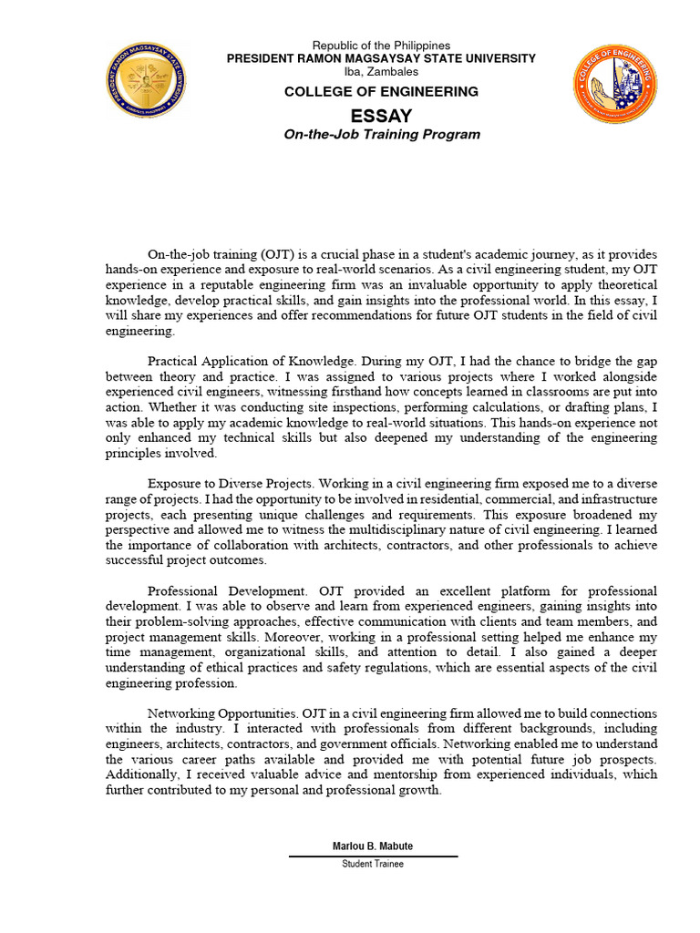 Ojt DPWH Essay | PDF | Mentorship | Cognitive Psychology