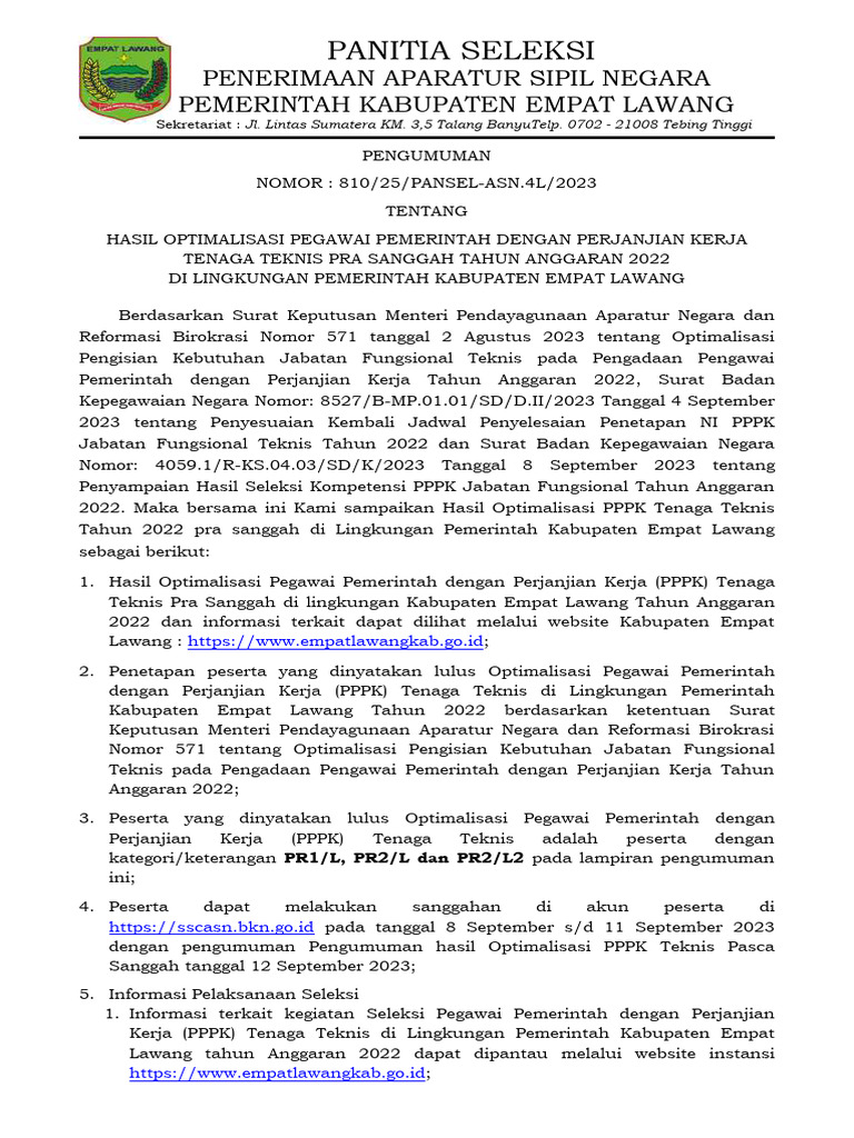 Pengumuman Hasil Optimalisasi PPPK Tenaga Teknis Pra Sanggah Dan Lampiran | PDF