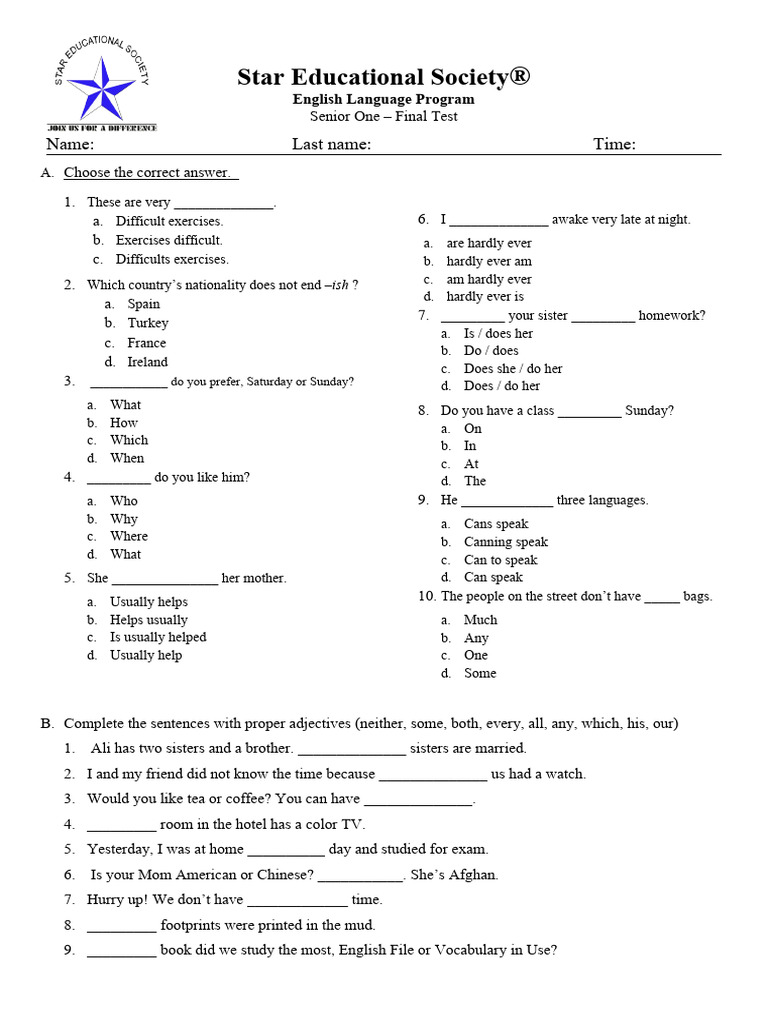 Final test- Senior One | PDF | Vancouver