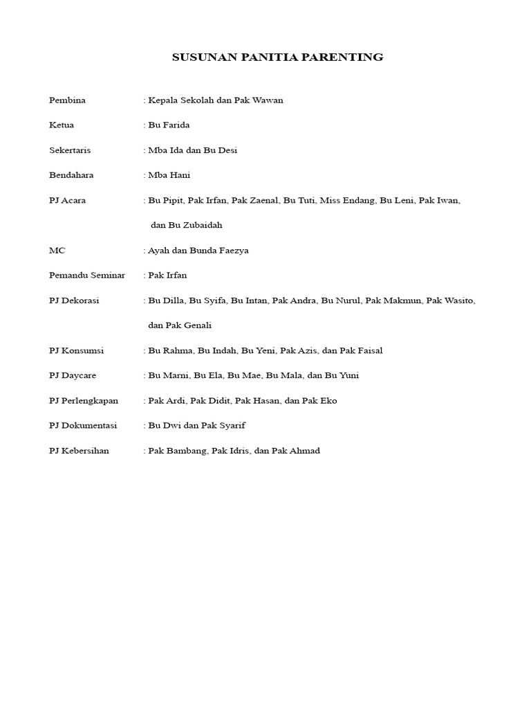 Susunan Panitia Parenting | PDF