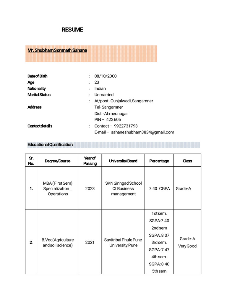 Shubham Sahane's Professional Resume | PDF