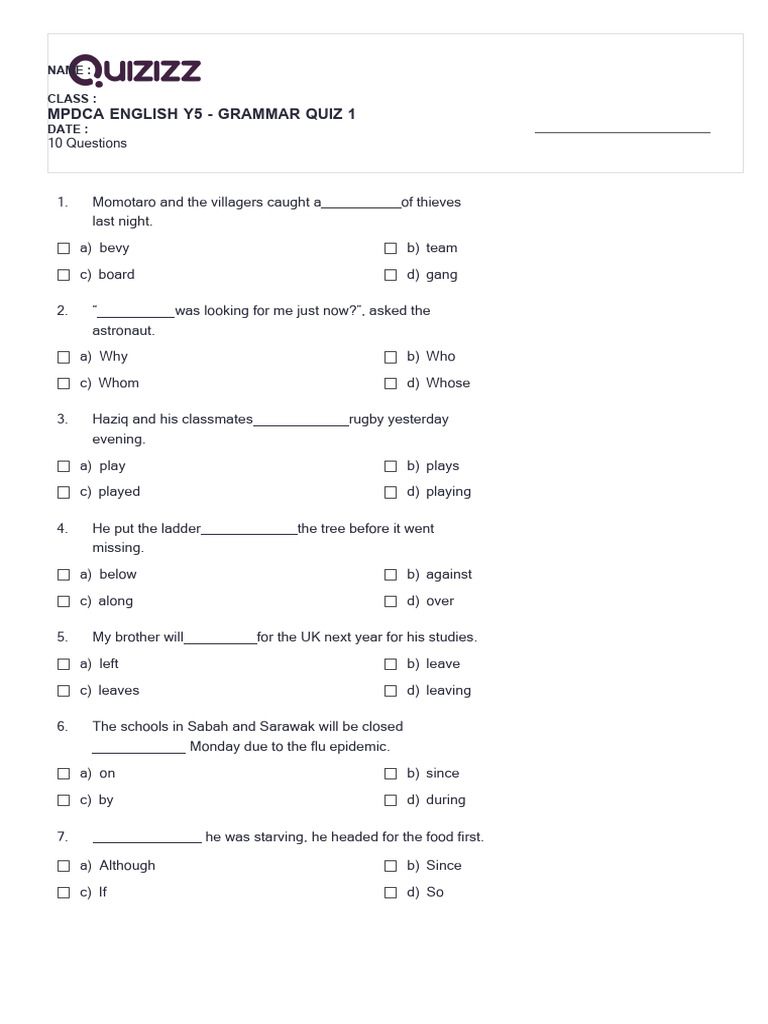 Mpdca English Y5 - Grammar Quiz 1 | PDF