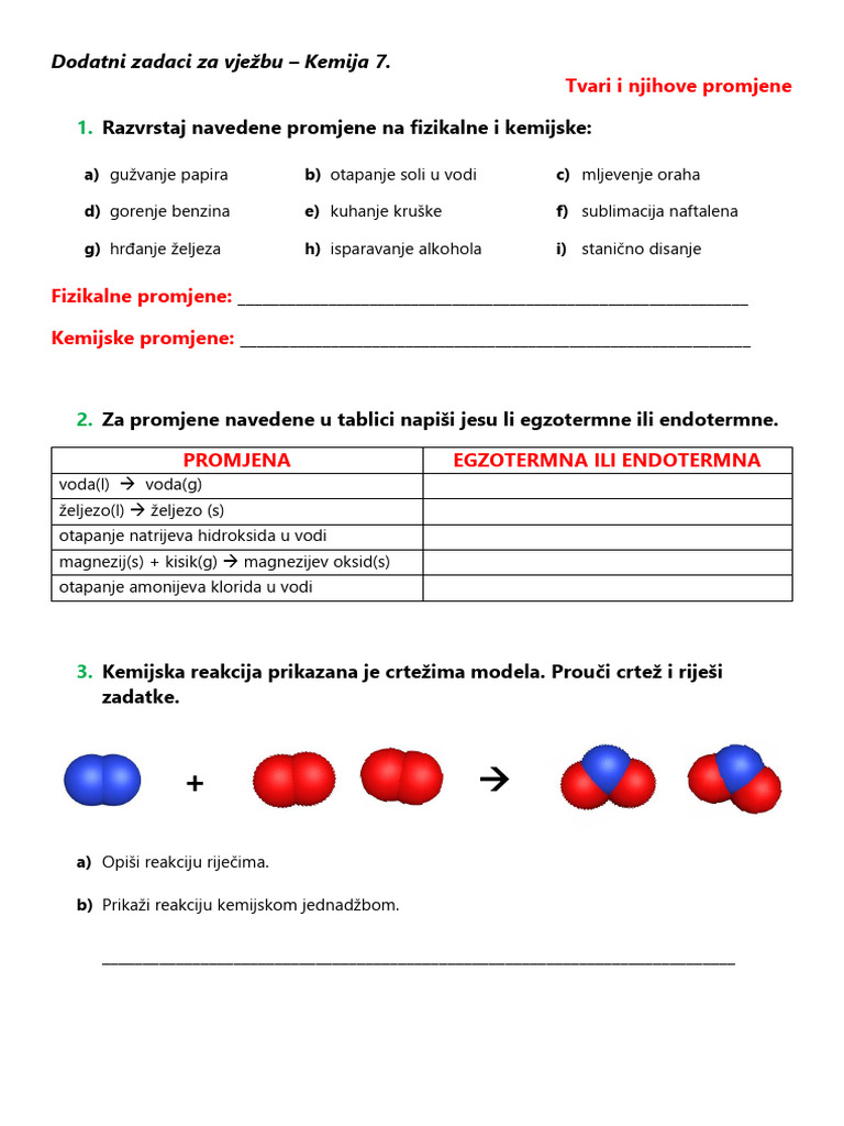 Zadaci Tvari I Njihove Promjene KEMIJA7 | PDF