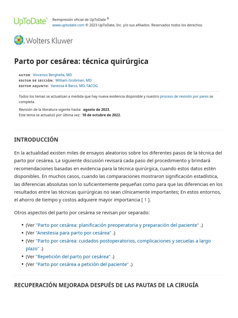 Cesarean Birth - Surgical Technique - UpToDate | PDF | Parto | Seccion ...
