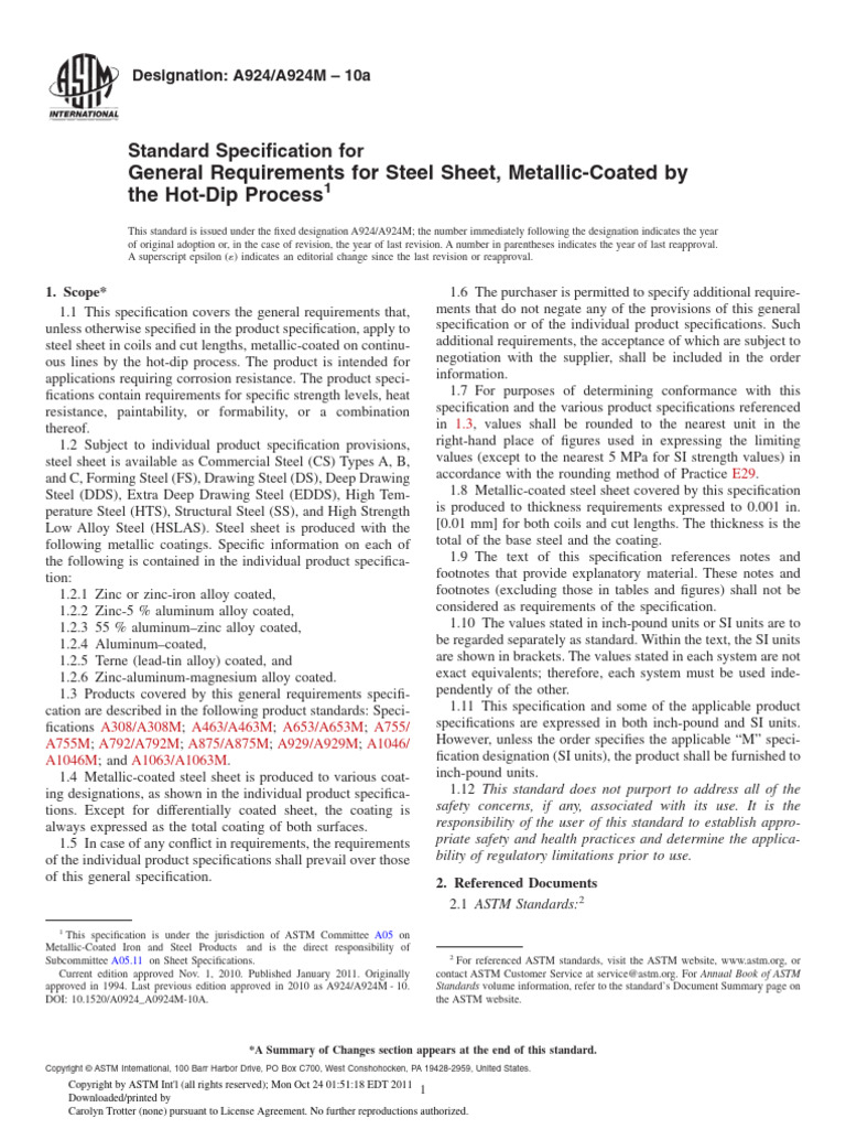 ASTM A 924 A924M - 2010a | PDF | Sheet Metal | Steel