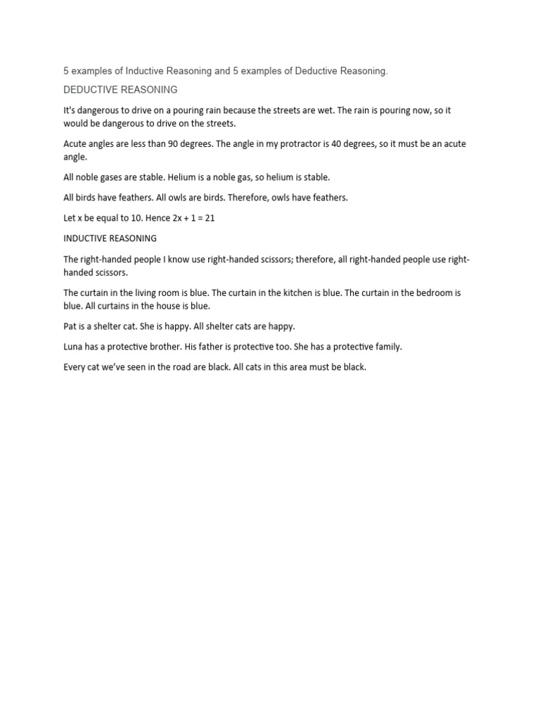5 Examples of Inductive Reasoning and 5 Examples of Deductive Reasoning ...