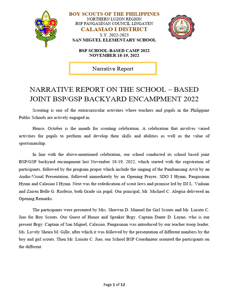 BSP JUNIOR School Based Accomplishment Report 22 | PDF | Girl Guiding ...
