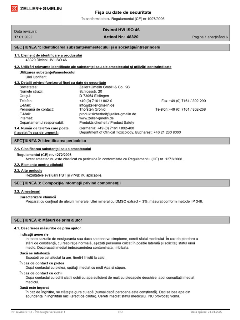 Fisa Tehnica Cu Date de Securitate - Divinol HVI ISO 46 | PDF