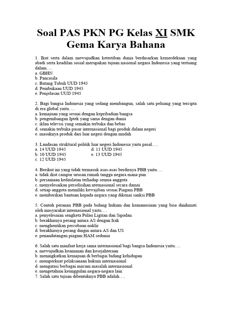 Kisi Kisi Dan Soal Latihan PAS PKN PG Kelas 11 SMK Gema Karya Bahana | PDF