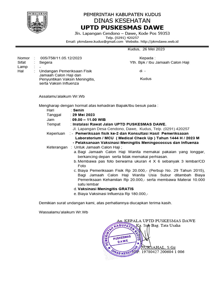 UNDANGAN PEMERIKSAAN KESEHATAN HAJI 2 Dan VAKSIN MM TTD 29052023 | PDF UNDANGAN PEMERIKSAAN KESEHATAN HAJI 2 Dan VAKSIN MM TTD 29052023 | PDF
