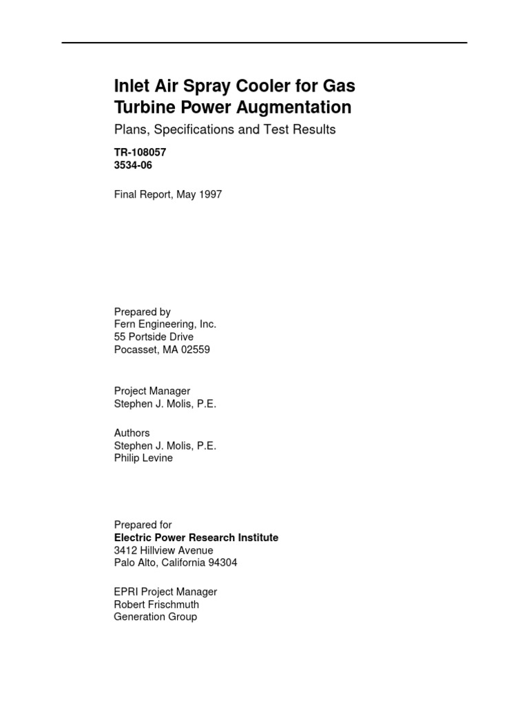 TR - 108057 - Inlet Air Spray Cooler For Gas Turbine Power Augmentation - Plans - Specifications ...