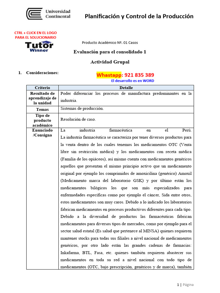 TW-Planificacion y Control de La Produccion PA1 C1 - S2 - Rubrica | PDF | Medicamentos con ...