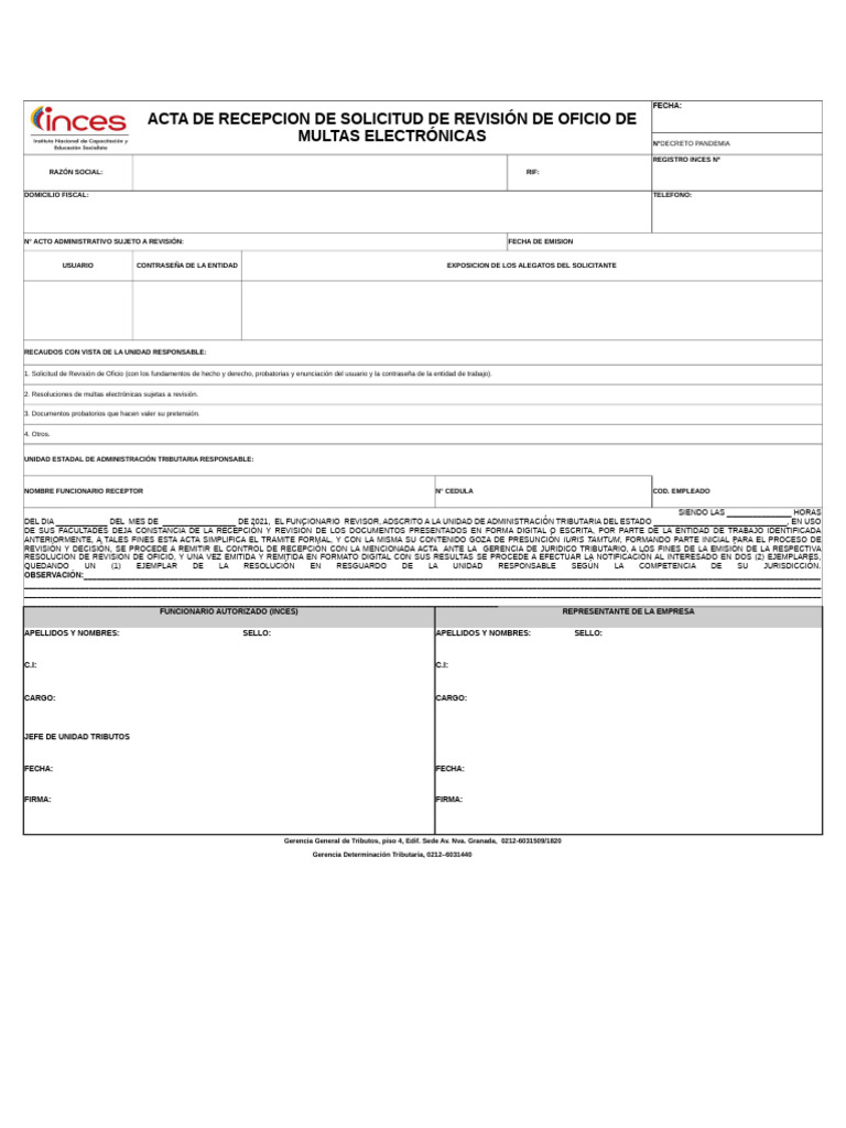 Acta de Recepcion de Solicitud de Revision de Oficio A Nivel Nacional | PDF
