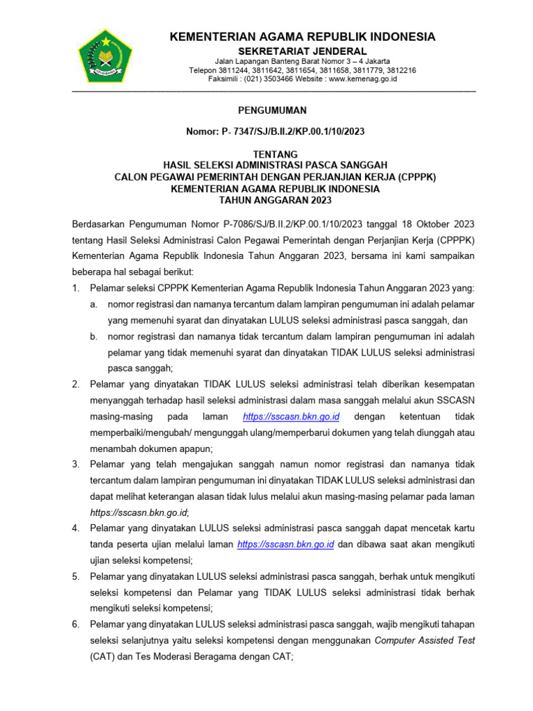 Pengumuman Hasil Seleksi Administrasi Pasca Sanggah CPPPK Kementerian Agama 2023pdf | PDF ...